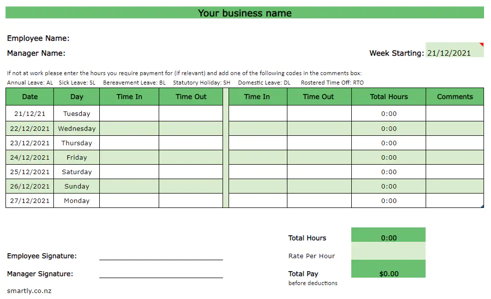 Smartly Timesheet Template For NZ Employees Smartly Timesheet Template For NZ Employees